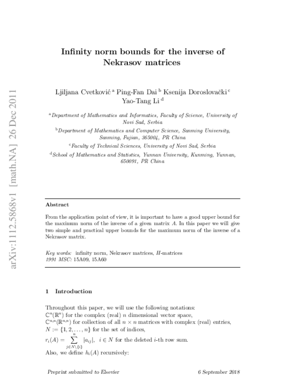 (PDF) Infinity norm bounds for the inverse of Nekrasov matrices