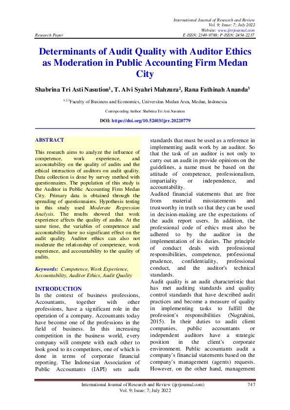 (PDF) Determinants of Audit Quality with Auditor Ethics as Moderation in Public Accounting Firm ...