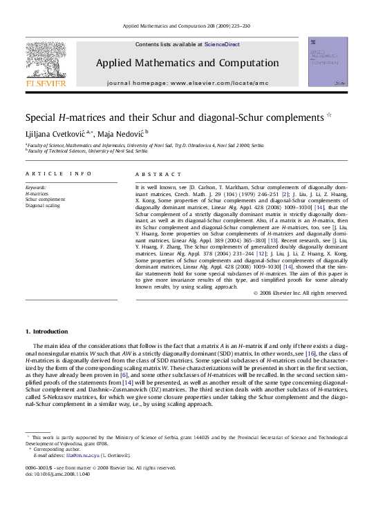 (PDF) Special H-matrices and their Schur and diagonal-Schur complements