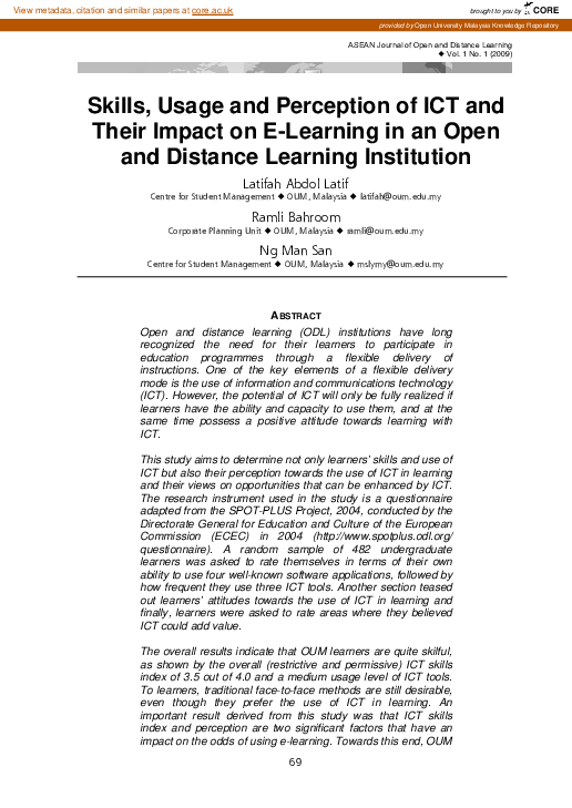 Pdf Skills Usage And Perception Of Ict And Their Impact On E Learning In An Open And Distance