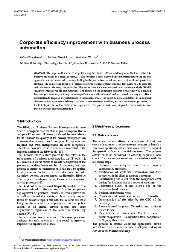 (PDF) Corporate efficiency improvement with business process automation