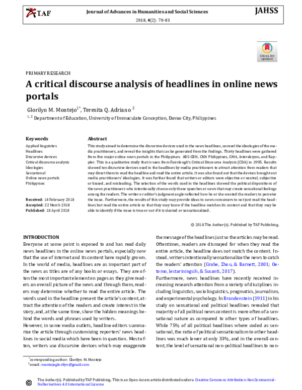 (PDF) A critical discourse analysis of headlines in online news portals