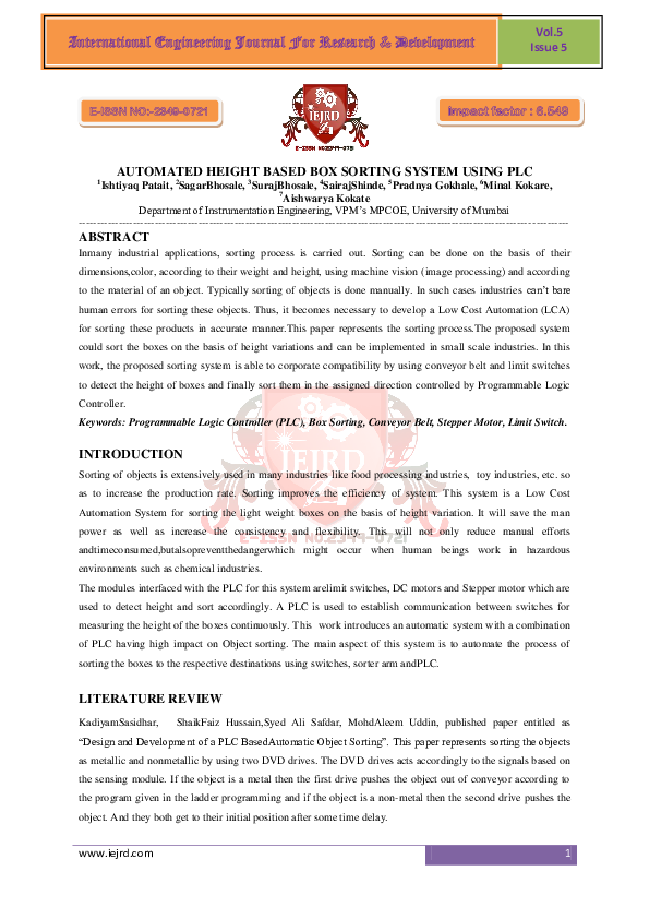 (PDF) Automated Height Based Box Sorting System Using PLC (PDF) Automated Height Based Box Sorting System Using PLC