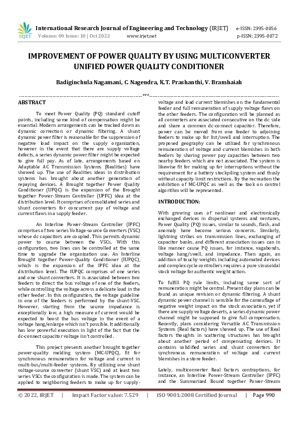 (PDF) IMPROVEMENT OF POWER QUALITY BY USING MULTICONVERTER UNIFIED POWER QUALITY CONDITIONER