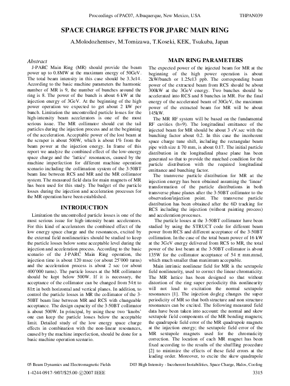 (PDF) Space charge effects for JPARC main ring | Alexander Molodozhentsev - Academia.edu