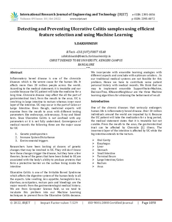 Pdf Detecting And Preventing Ulcerative Colitis Samples Using Efficient Feature Selection And