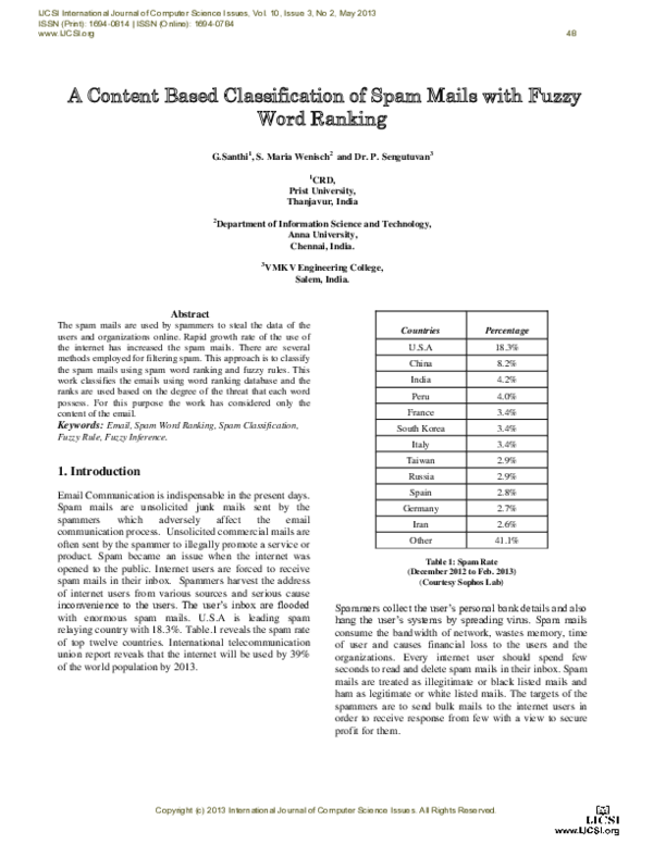 (PDF) A Content Based Classification of Spam Mails with Fuzzy Word Ranking