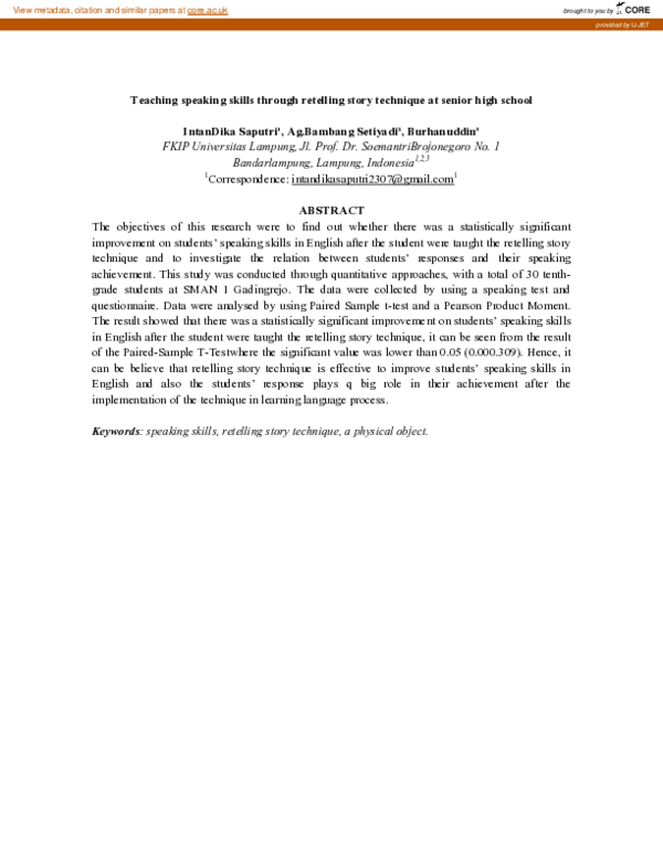 (PDF) Teaching speaking skills through retelling story technique at ...