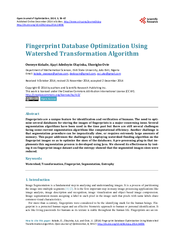 Fingerprint Database Optimization Using Watershed Transformation Algorithm