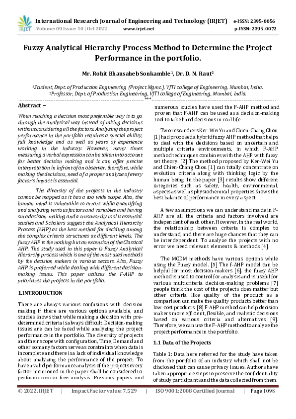 Pdf Fuzzy Analytical Hierarchy Process Method To Determine The Project Performance In The