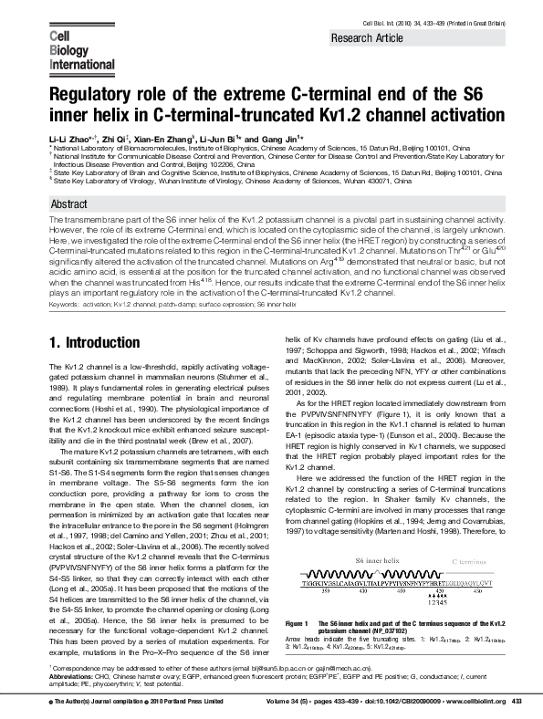 (PDF) Regulatory role of the extreme C-terminal end of the S6 inner ...