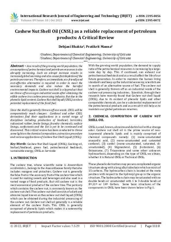 (PDF) Cashew Nut Shell Oil (CNSL) as a reliable replacement of ...