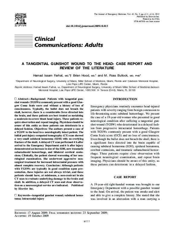 (PDF) A Tangential Gunshot Wound to the Head: Case Report and Review of ...