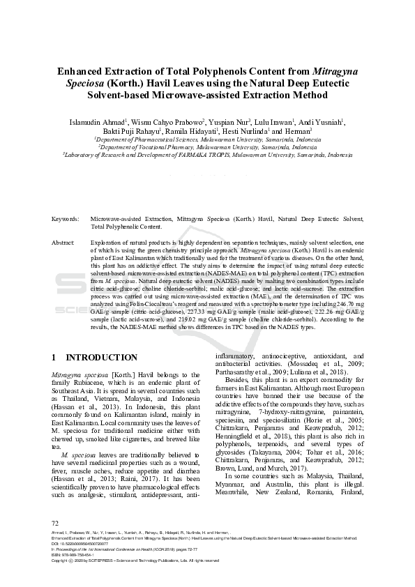 Pdf Enhanced Extraction Of Total Polyphenols Content From Mitragyna