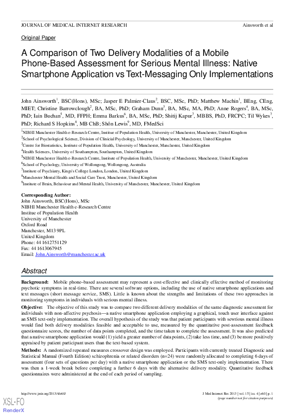 (PDF) A Comparison of Two Delivery Modalities of a Mobile Phone-Based Assessment for Serious ...