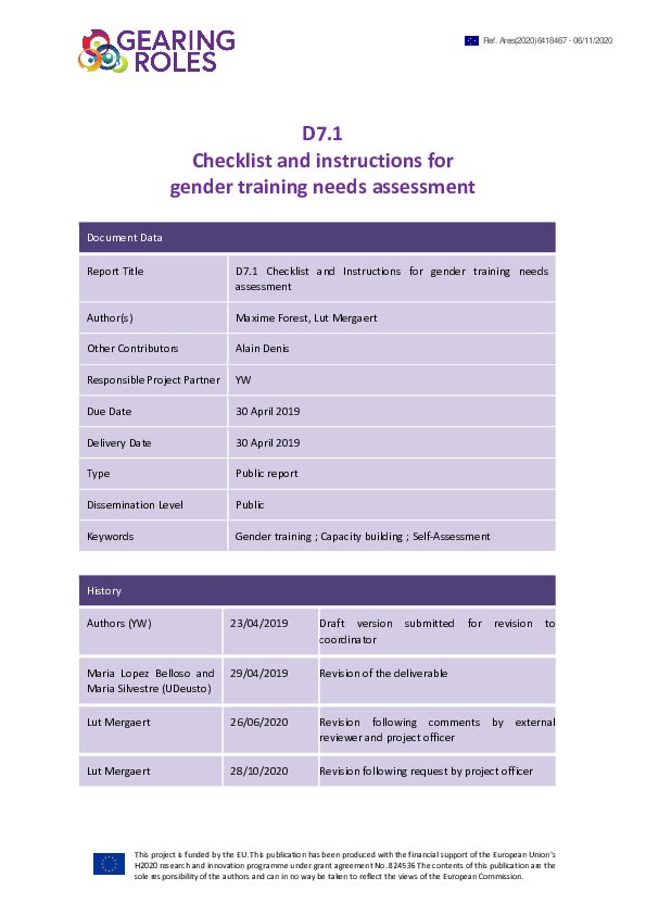(PDF) D7.1 Checklist and Instructions for gender training needs assessment