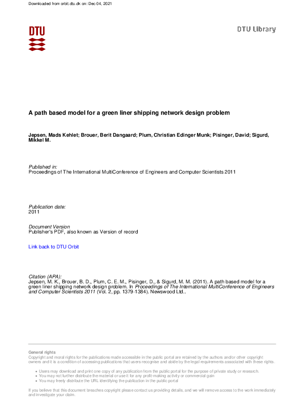 (PDF) A path based model for a green liner shipping network design problem | Mads Jepsen ...