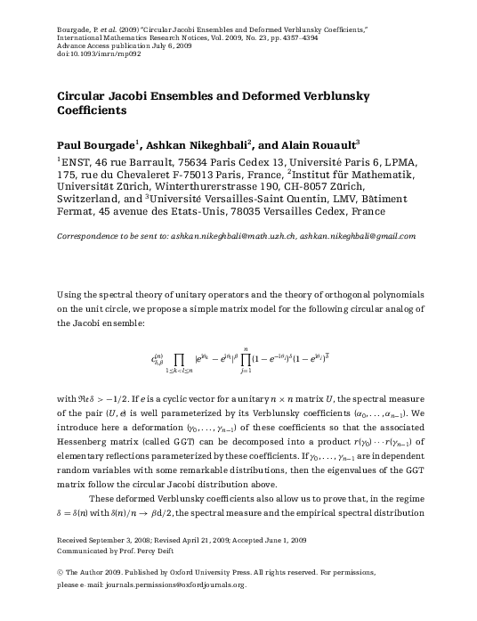 (PDF) Circular Jacobi Ensembles and Deformed Verblunsky Coefficients