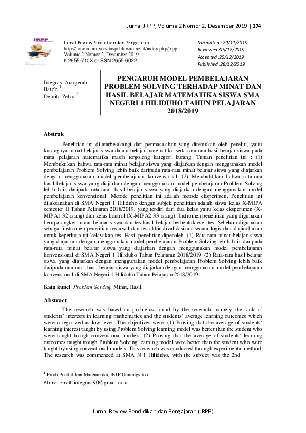 (PDF) Pengaruh Model Pembelajaran Problem Solving Terhadap Minat Dan Hasil Belajar Matematika ...