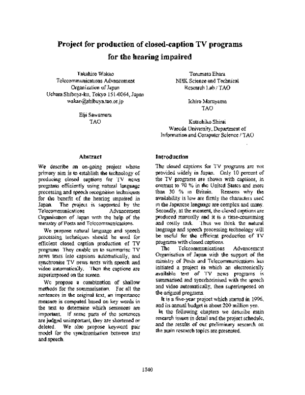 (PDF) Efficient Closed Captioning for TV News