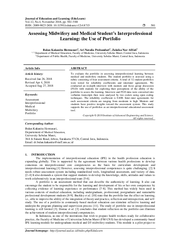 (PDF) Assessing Midwifery and Medical Student’s Interprofessional Learning: the use of portfolio
