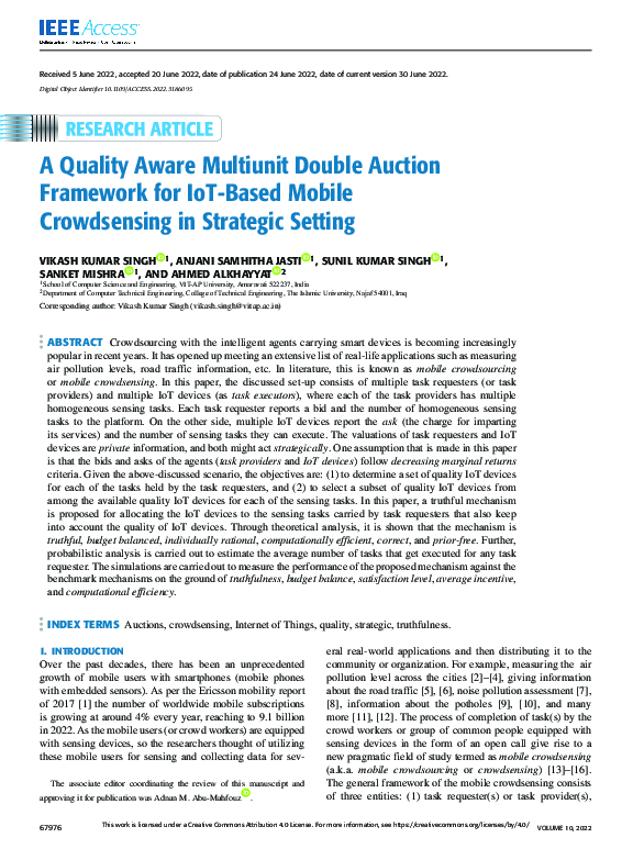 (PDF) A Quality Aware Multiunit Double Auction Framework for IoT-Based Mobile Crowdsensing in ...
