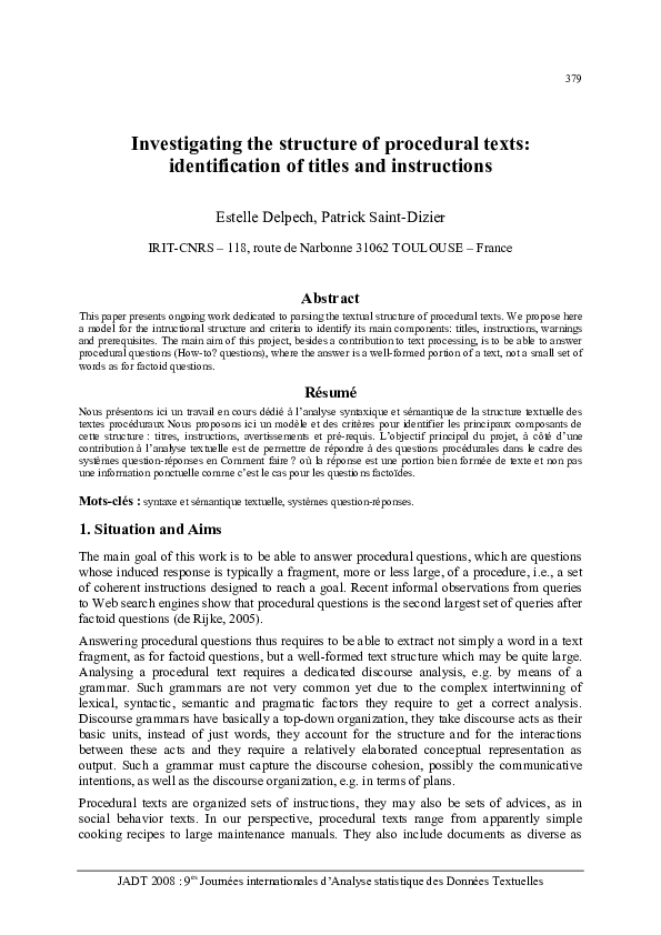 (PDF) Investigating the Structure of Procedural Texts: identification of titles and instructions