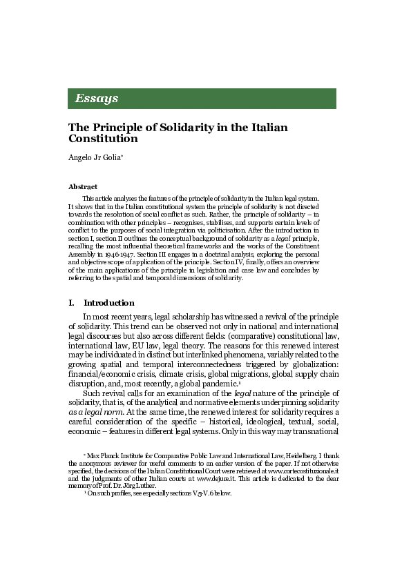 (PDF) The Principle of Solidarity in the Italian Constitution