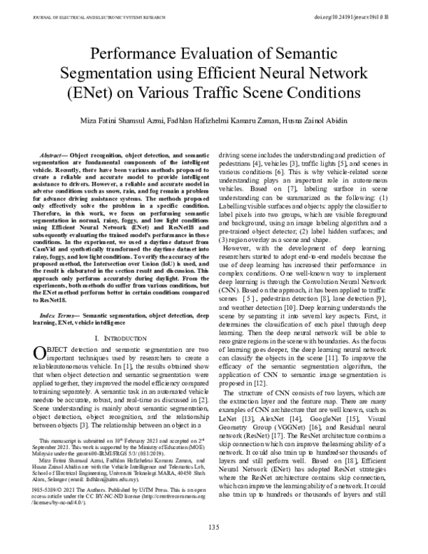Pdf Performance Evaluation Of Semantic Segmentation Using Efficient Neural Network Enet On