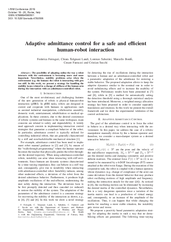 (PDF) Adaptive admittance control for a safe and efficient human-robot interaction