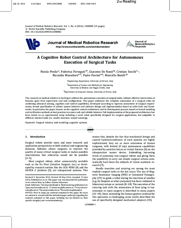 (PDF) A Cognitive Robot Control Architecture for Autonomous Execution of Surgical Tasks