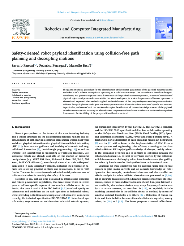 Pdf Safety Oriented Robot Payload Identification Using Collision Free Path Planning And
