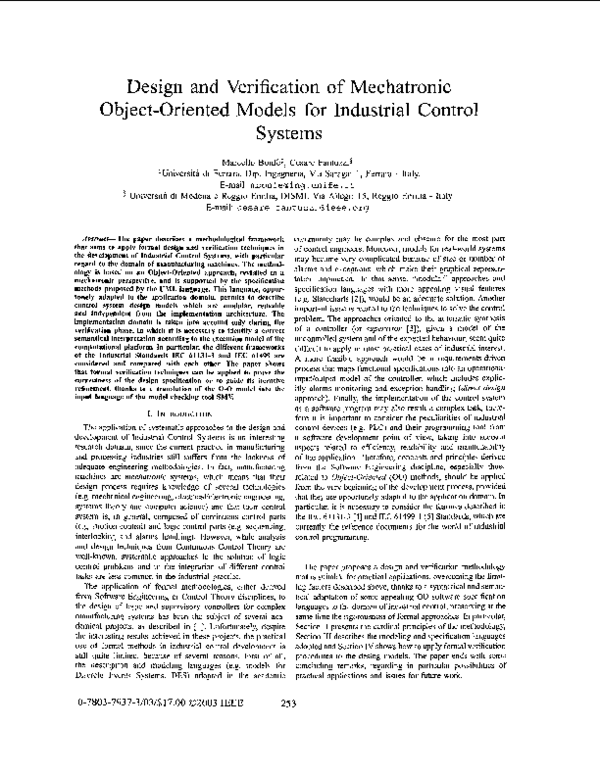 (PDF) Design and verification of mechatronic object-oriented models for industrial control systems