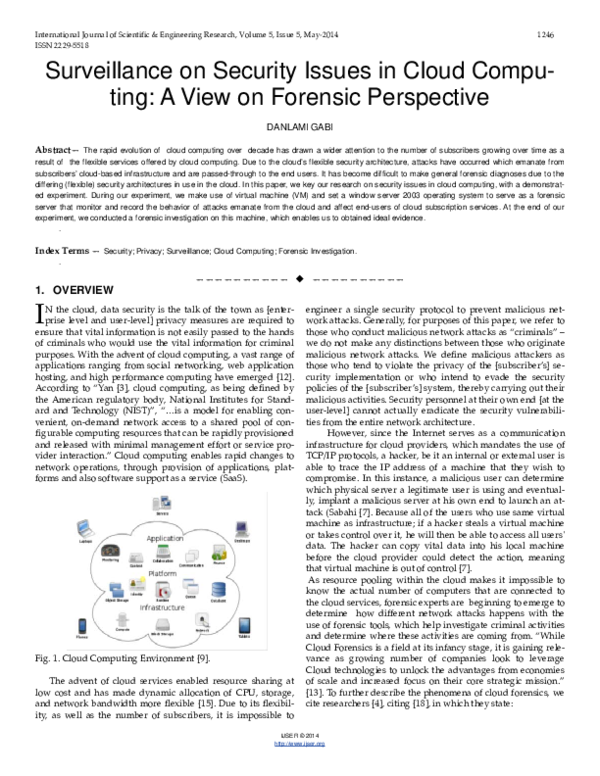 Pdf Surveillance On Security Issues In Cloud Compu Ting A View On Forensic Perspective