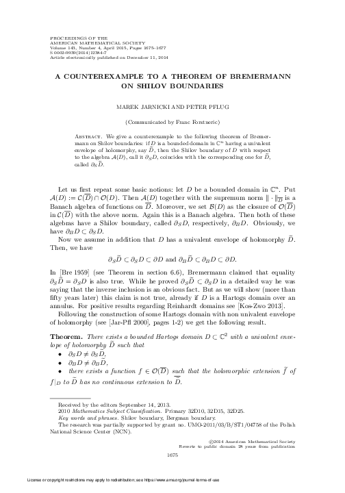 (PDF) A counterexample to a theorem of Bremermann on Shilov boundaries | Marek Jarnicki ...