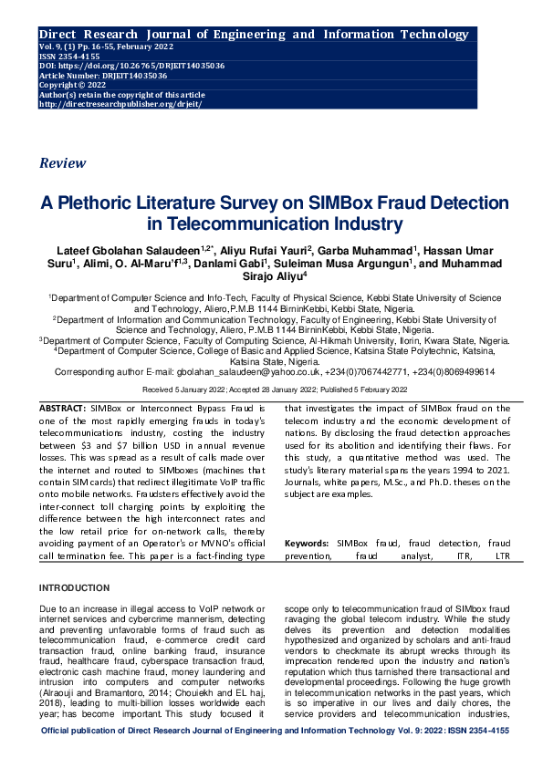 (PDF) A Plethoric Literature Survey on SIMBox Fraud Detection in Telecommunication Industry