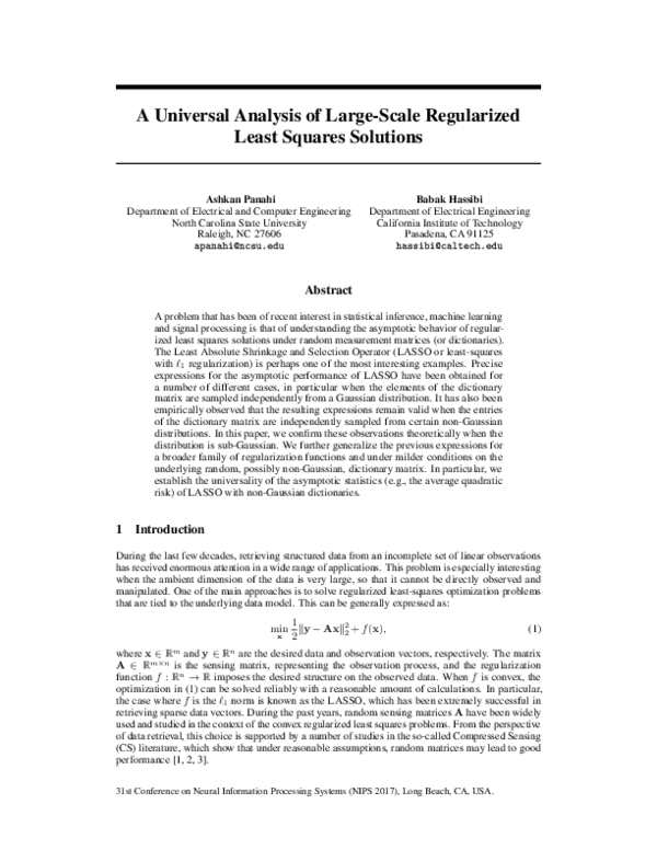 (PDF) A Universal Analysis of Large-Scale Regularized Least Squares ...