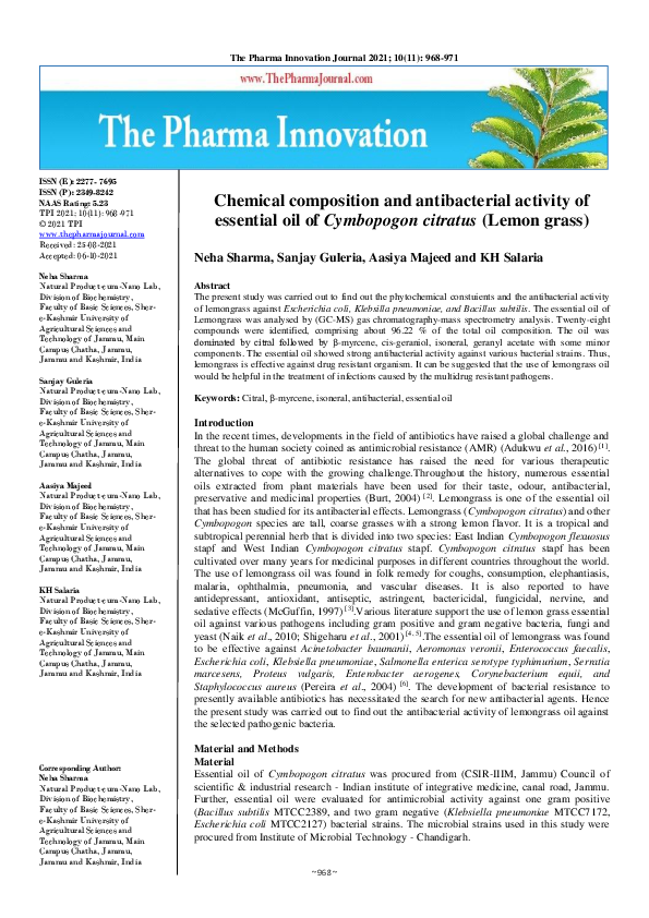 Pdf Chemical Composition And Antibacterial Activity Of Essential Oil