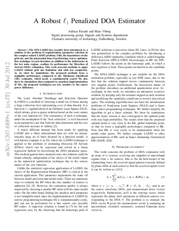 (PDF) 2 A Robust ℓ1 Penalized DOA Estimator | Ashkan Panahi - Academia.edu