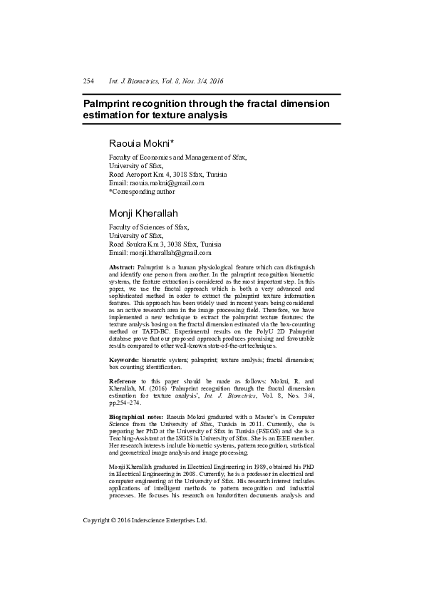 Pdf Palmprint Recognition Through The Fractal Dimension Estimation For Texture Analysis 