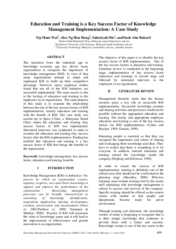 (PDF) Education and training is a key success factor of knowledge management implementation: A ...