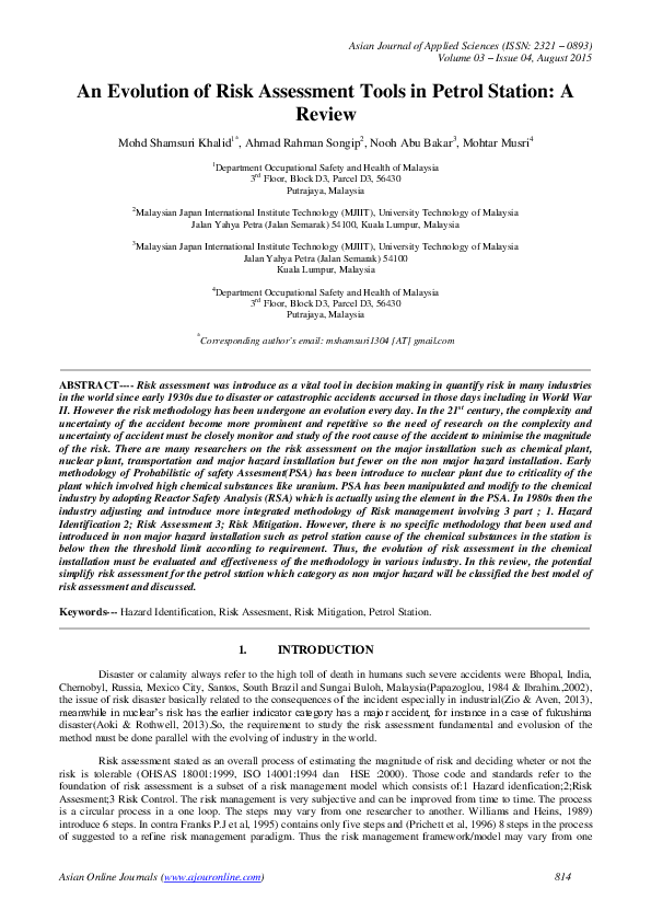 (PDF) An evolution of risk assessment tools in petrol station: a review
