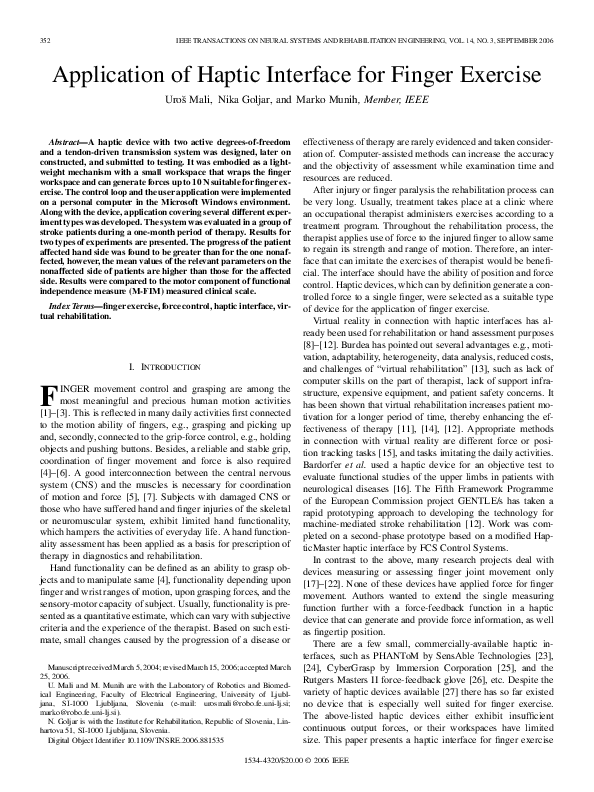 (PDF) Application of Haptic Interface for Finger Exercise | Marko Munih - Academia.edu