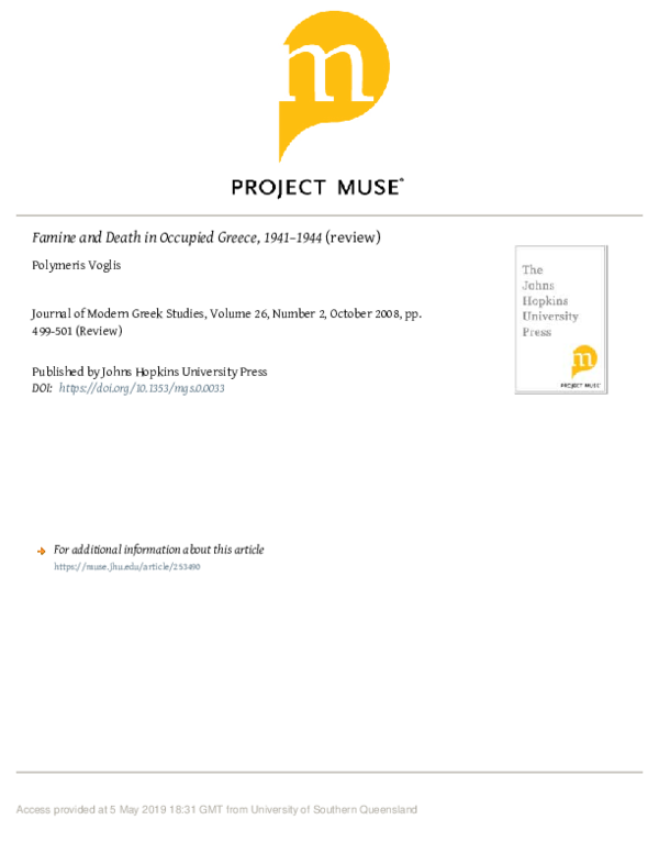 (PDF) Famine and Death in Occupied Greece, 1941-1944 (review)