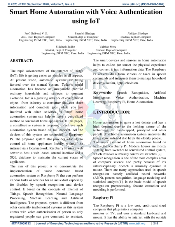(PDF) Smart Home Automation with Voice Authentication using IoT
