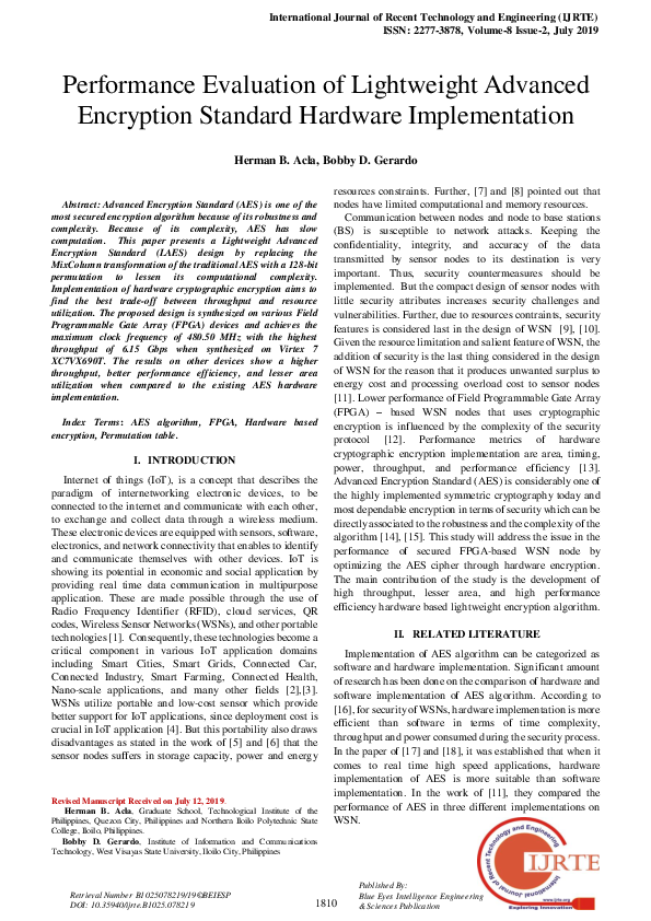 (PDF) Performance Evaluation of Lightweight Advanced Encryption Standard Hardware Implementation