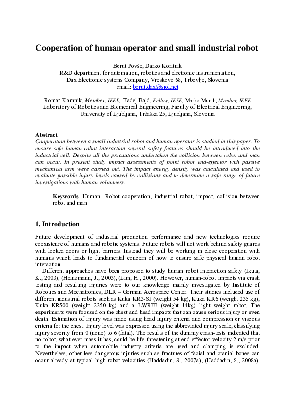 (PDF) Cooperation of human operator and small industrial robot | Marko Munih - Academia.edu
