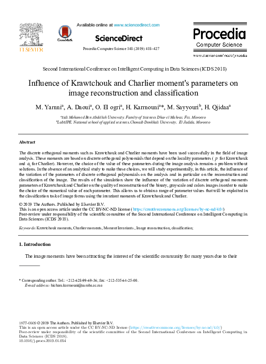 (PDF) Influence of Krawtchouk and Charlier moment’s parameters on image reconstruction and ...
