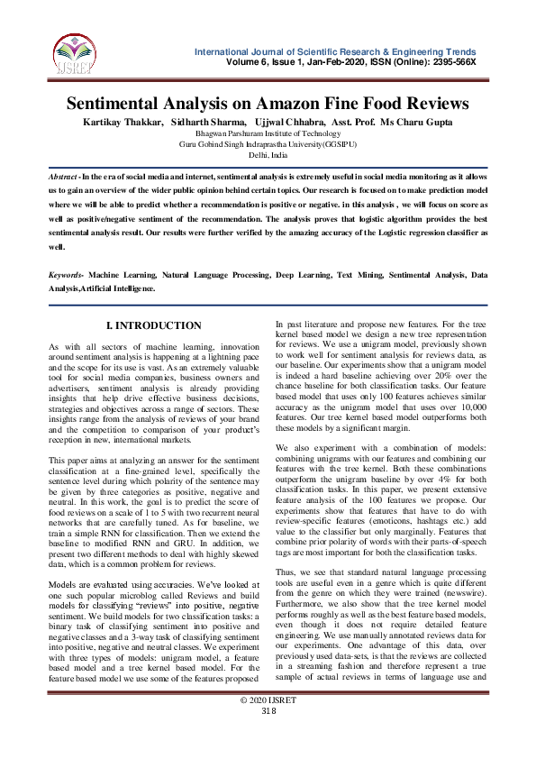 (PDF) Sentimental Analysis on Amazon Fine Food Reviews