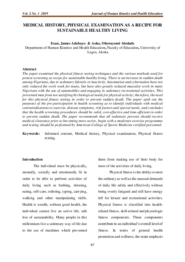 (PDF) MEDICAL HISTORY, PHYSICAL EXAMINATION AS A RECIPE FOR SUSTAINABLE ...